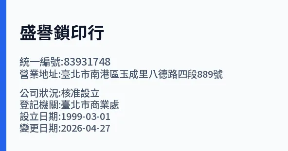 盛譽鎖印行的照片-統編 83931748(臺北市) 公司登記資料與營業項目詳細圖表
