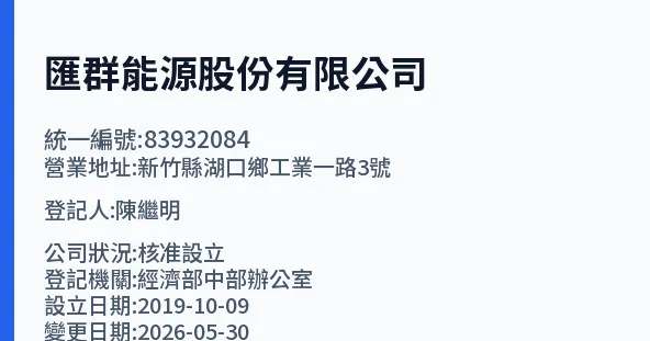 匯群能源股份有限公司的照片-統編 83932084(新竹縣) 公司登記資料與營業項目詳細圖表
