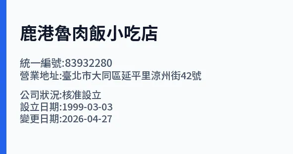 鹿港魯肉飯小吃店的照片-統編 83932280(臺北市) 公司登記資料與營業項目詳細圖表