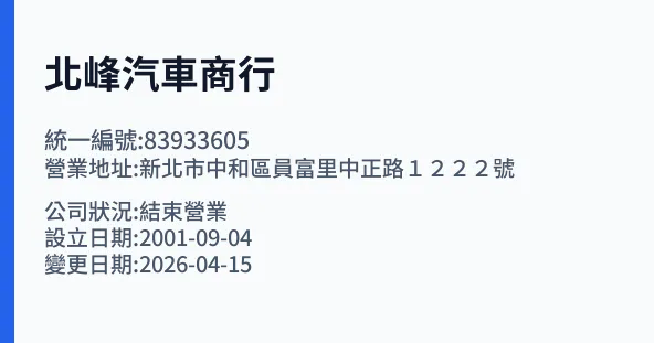 北峰汽車商行的照片-統編 83933605(新北市) 公司登記資料與營業項目詳細圖表