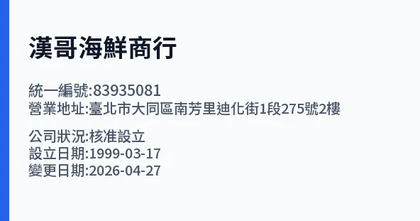 漢哥海鮮商行的照片-統編 83935081(臺北市) 公司登記資料與營業項目詳細圖表