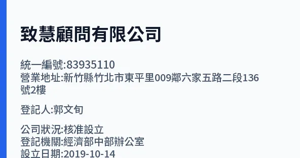 致慧顧問有限公司的照片-統編 83935110(新竹縣) 公司登記資料與營業項目詳細圖表