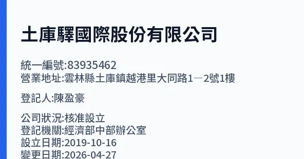 土庫驛國際股份有限公司的照片-統編 83935462(雲林縣) 公司登記資料與營業項目詳細圖表