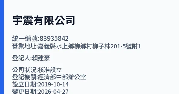 宇震有限公司的照片-統編 83935842(嘉義縣) 公司登記資料與營業項目詳細圖表