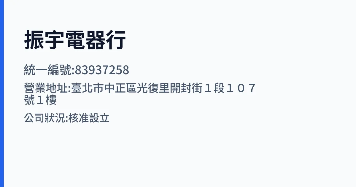 振宇電器行 - 統編 83937258(臺北市) 公司登記資料與營業項目詳細圖表
