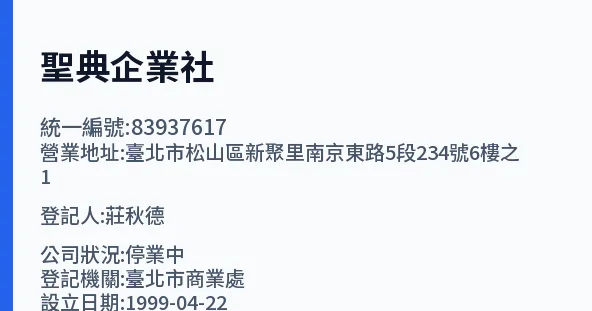 聖典企業社的照片-統編 83937617(臺北市) 公司登記資料與營業項目詳細圖表