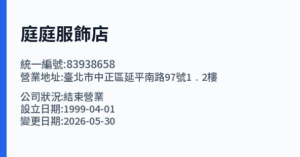 庭庭服飾店的照片-統編 83938658(臺北市) 公司登記資料與營業項目詳細圖表