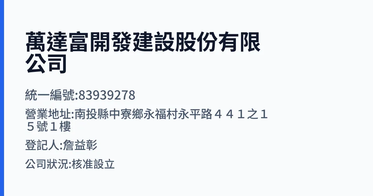萬達富開發建設股份有限公司 - 統編 83939278(南投縣) 公司登記資料與營業項目詳細圖表
