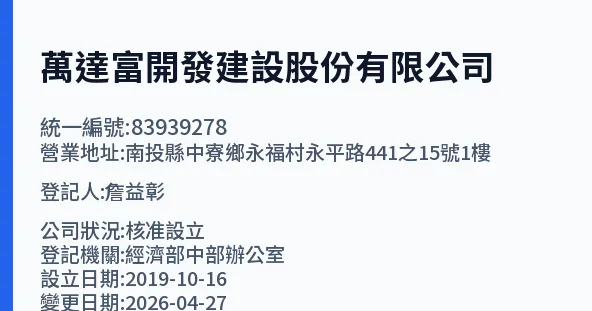 萬達富開發建設股份有限公司的照片-統編 83939278(南投縣) 公司登記資料與營業項目詳細圖表