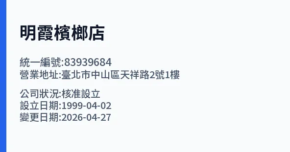 明霞檳榔店的照片-統編 83939684(臺北市) 公司登記資料與營業項目詳細圖表