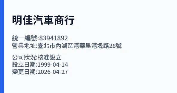 明佳汽車商行的照片-統編 83941892(臺北市) 公司登記資料與營業項目詳細圖表