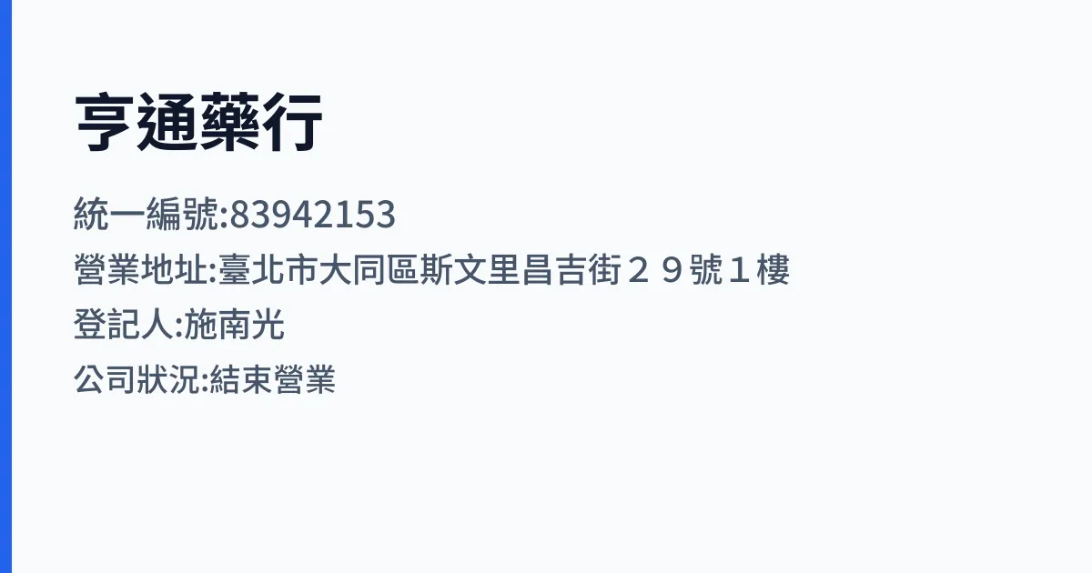 亨通藥行 - 統編 83942153(臺北市) 公司登記資料與營業項目詳細圖表