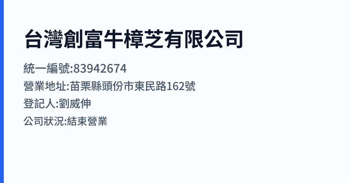 台灣創富牛樟芝有限公司 - 統編 83942674(苗栗縣) 公司登記資料與營業項目詳細圖表