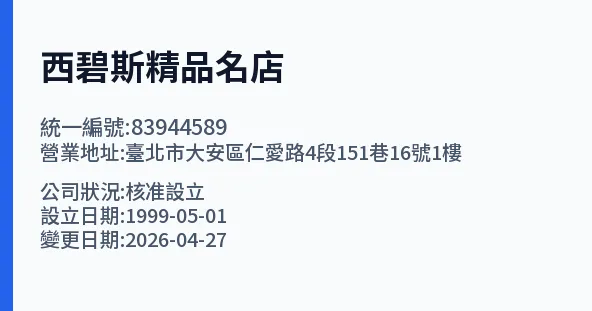西碧斯精品名店的照片-統編 83944589(臺北市) 公司登記資料與營業項目詳細圖表