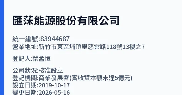 匯莯能源股份有限公司的照片-統編 83944687(新竹市) 公司登記資料與營業項目詳細圖表