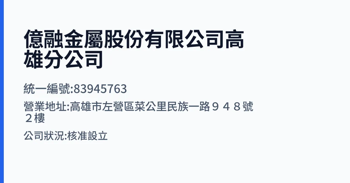 億融金屬股份有限公司高雄分公司 - 統編 83945763(高雄市) 公司登記資料與營業項目詳細圖表