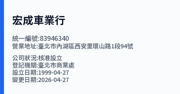宏成車業行的照片-統編 83946340(臺北市) 公司登記資料與營業項目詳細圖表