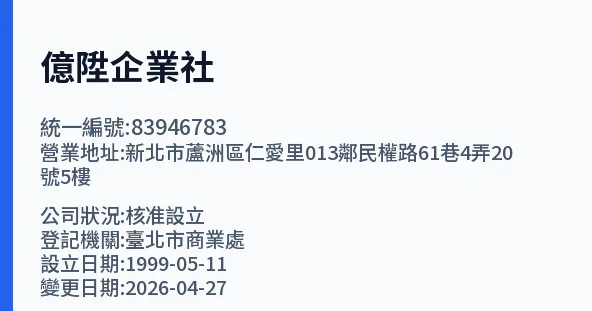 億陞企業社的照片-統編 83946783(新北市) 公司登記資料與營業項目詳細圖表