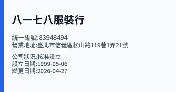 八一七八服裝行的照片-統編 83948494(臺北市) 公司登記資料與營業項目詳細圖表