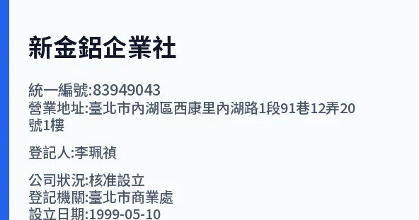 新金鋁企業社的照片-統編 83949043(臺北市) 公司登記資料與營業項目詳細圖表