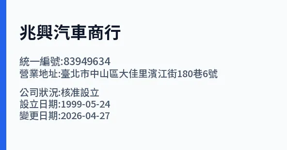兆興汽車商行的照片-統編 83949634(臺北市) 公司登記資料與營業項目詳細圖表
