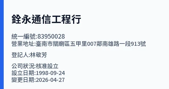 銓永通信工程行的照片-統編 83950028(臺南市) 公司登記資料與營業項目詳細圖表
