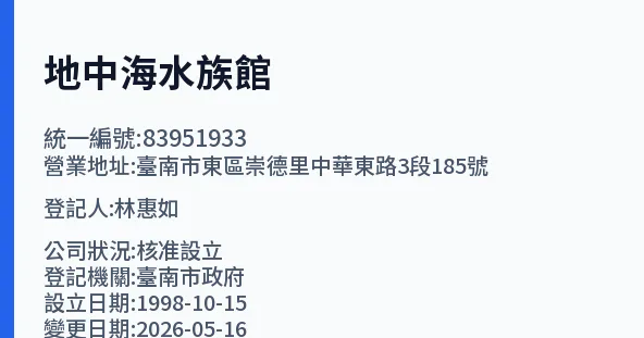 地中海水族館的照片-統編 83951933(臺南市) 公司登記資料與營業項目詳細圖表