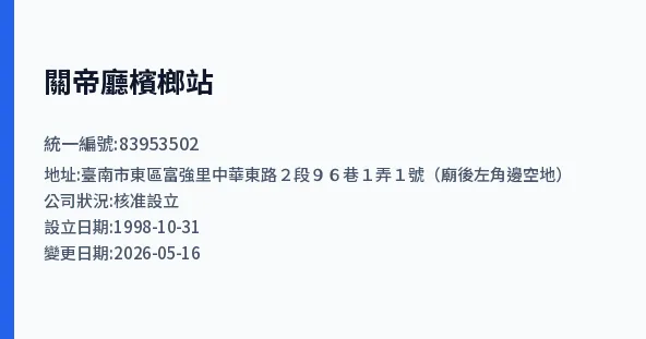 關帝廳檳榔站的照片-統編 83953502(臺南市) 公司登記資料與營業項目詳細圖表