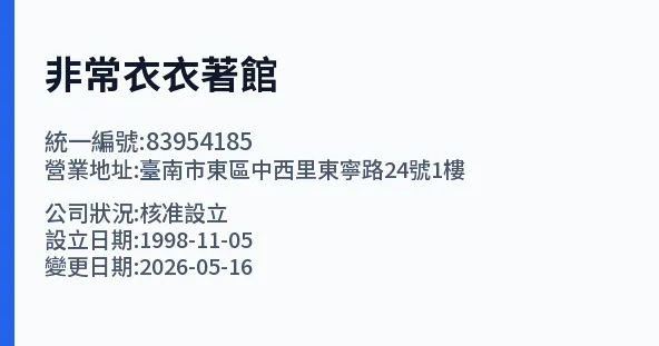 非常衣衣著館的照片-統編 83954185(臺南市) 公司登記資料與營業項目詳細圖表