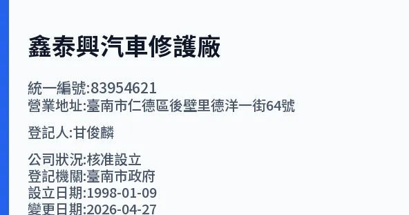 鑫泰興汽車修護廠的照片-統編 83954621(臺南市) 公司登記資料與營業項目詳細圖表