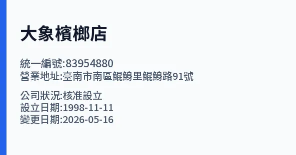 大象檳榔店的照片-統編 83954880(臺南市) 公司登記資料與營業項目詳細圖表