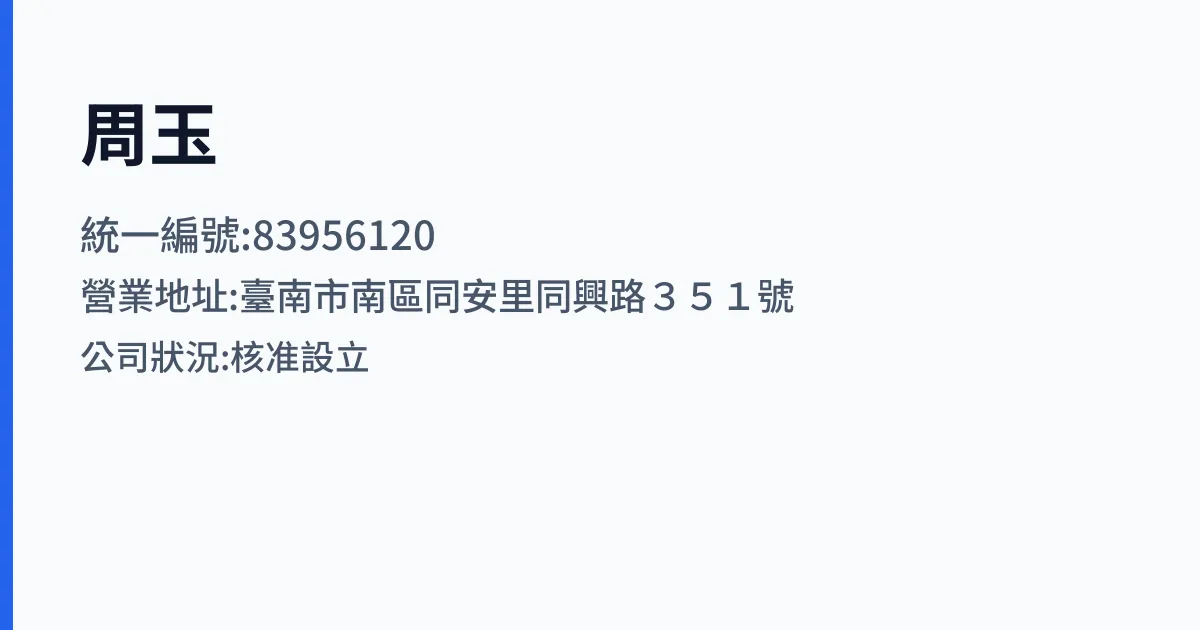 周玉 - 統編 83956120(臺南市) 公司登記資料與營業項目詳細圖表