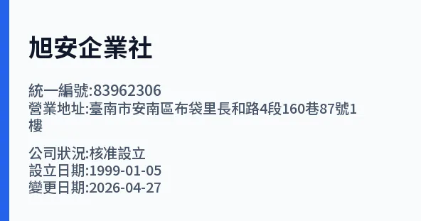 旭安企業社的照片-統編 83962306(臺南市) 公司登記資料與營業項目詳細圖表