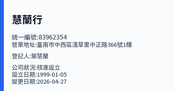 慧蘭行的照片-統編 83962354(臺南市) 公司登記資料與營業項目詳細圖表