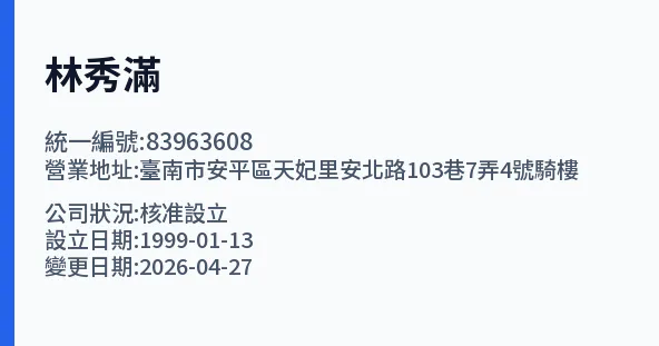林秀滿的照片-統編 83963608(臺南市) 公司登記資料與營業項目詳細圖表
