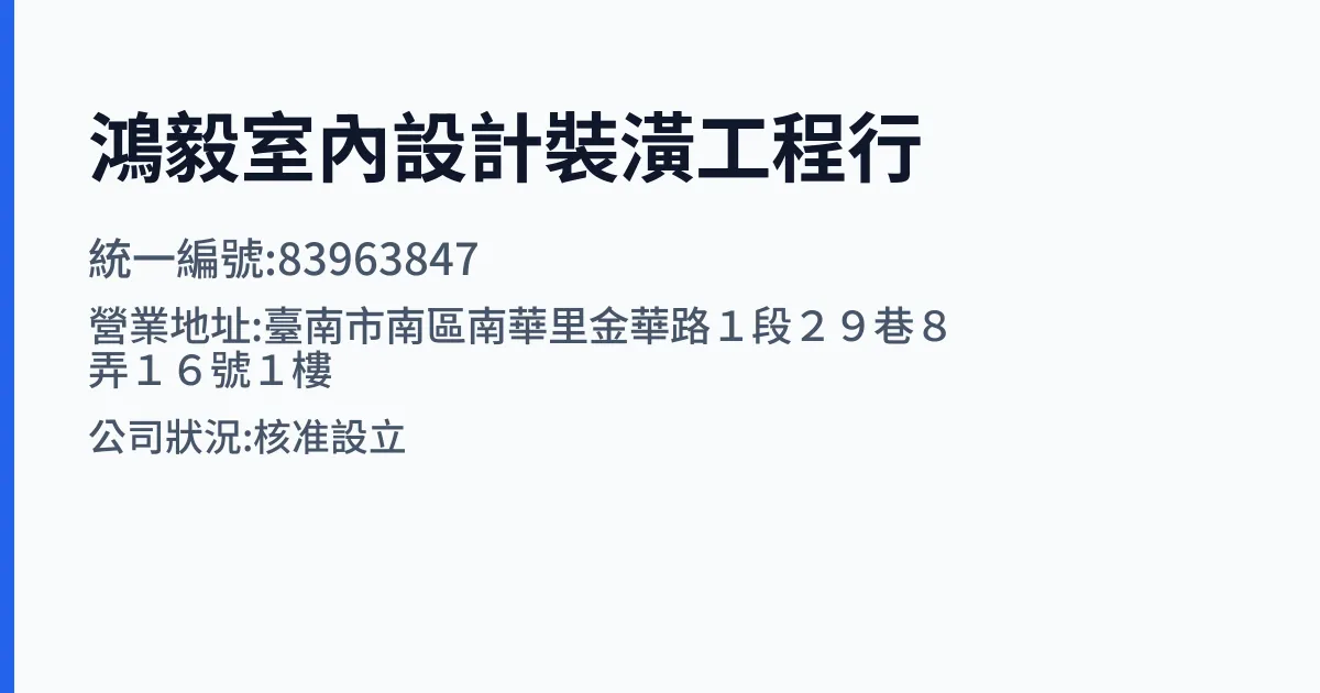 鴻毅室內設計裝潢工程行 - 統編 83963847(臺南市) 公司登記資料與營業項目詳細圖表