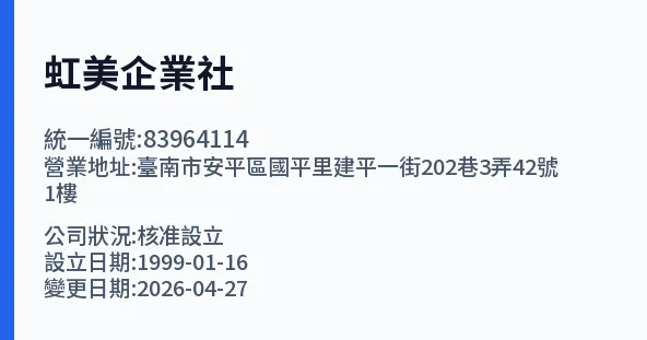虹美企業社的照片-統編 83964114(臺南市) 公司登記資料與營業項目詳細圖表