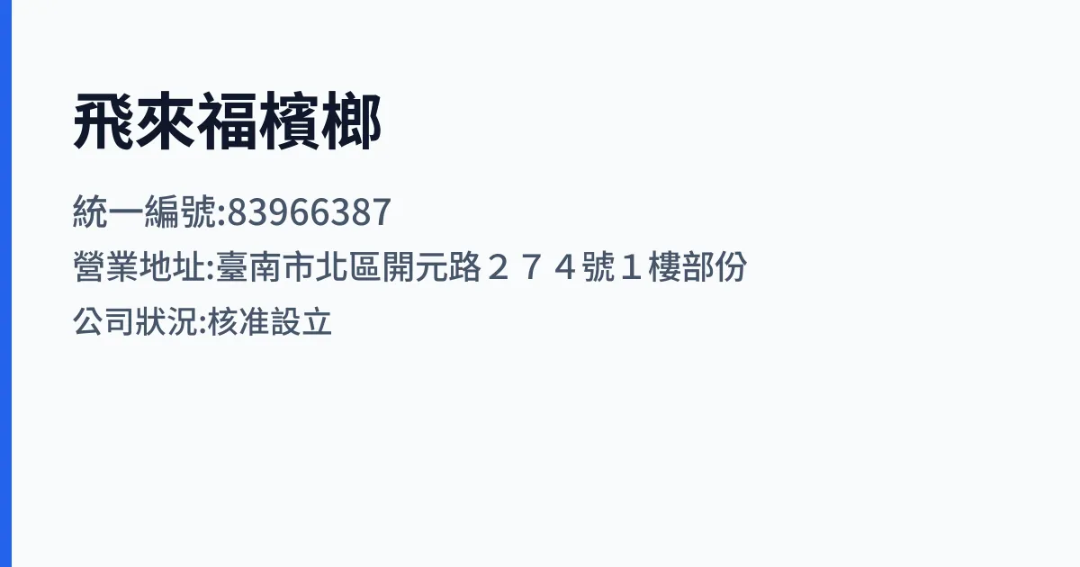 飛來福檳榔 - 統編 83966387(臺南市) 公司登記資料與營業項目詳細圖表
