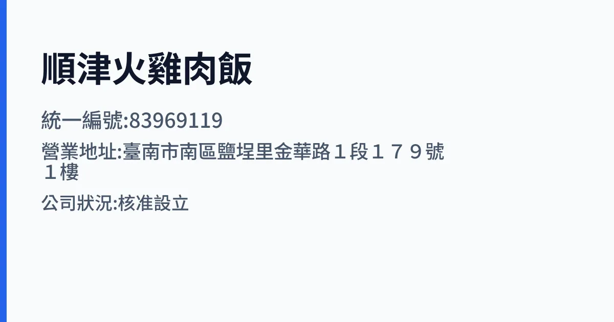 順津火雞肉飯 - 統編 83969119(臺南市) 公司登記資料與營業項目詳細圖表