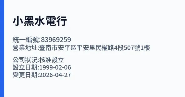 小黑水電行的照片-統編 83969259(臺南市) 公司登記資料與營業項目詳細圖表