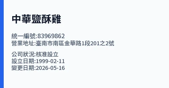 中華鹽酥雞的照片-統編 83969862(臺南市) 公司登記資料與營業項目詳細圖表