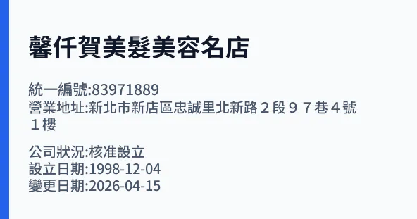 馨仟賀美髮美容名店的照片-統編 83971889(新北市) 公司登記資料與營業項目詳細圖表