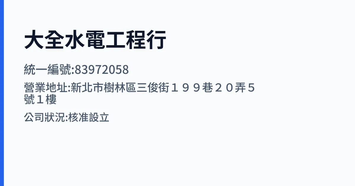 大全水電工程行 - 統編 83972058(新北市) 公司登記資料與營業項目詳細圖表