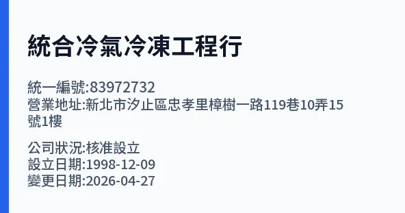 統合冷氣冷凍工程行的照片-統編 83972732(新北市) 公司登記資料與營業項目詳細圖表