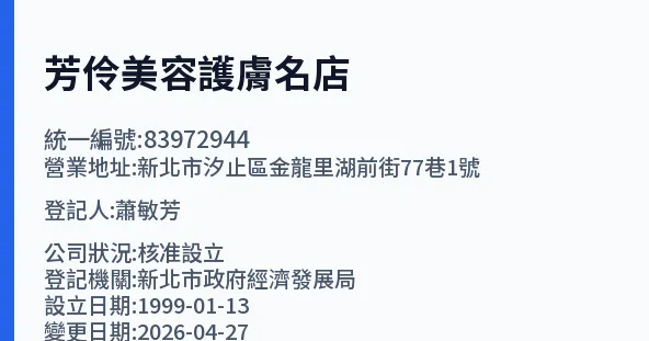 芳伶美容護膚名店的照片-統編 83972944(新北市) 公司登記資料與營業項目詳細圖表