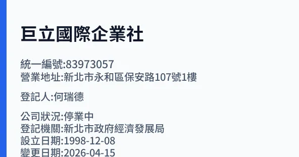 巨立國際企業社的照片-統編 83973057(新北市) 公司登記資料與營業項目詳細圖表