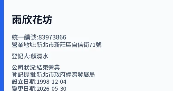 雨欣花坊的照片-統編 83973866(新北市) 公司登記資料與營業項目詳細圖表