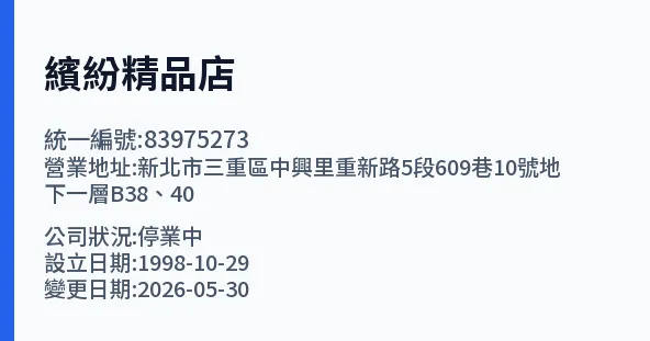 繽紛精品店的照片-統編 83975273(新北市) 公司登記資料與營業項目詳細圖表
