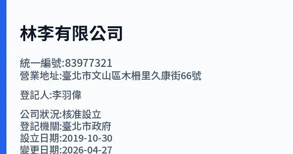 林李有限公司的照片-統編 83977321(臺北市) 公司登記資料與營業項目詳細圖表