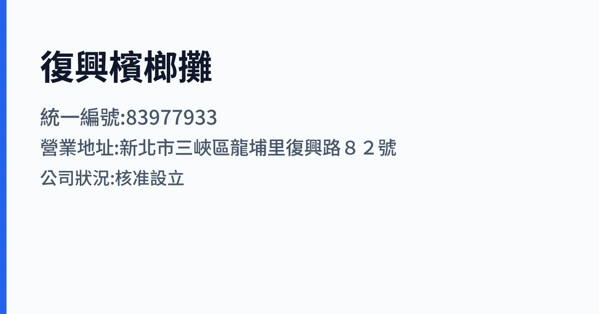 復興檳榔攤 - 統編 83977933(新北市) 公司登記資料與營業項目詳細圖表